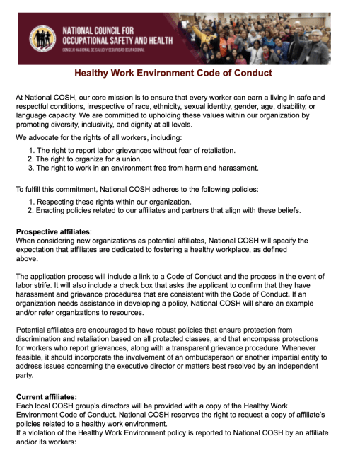 National COSH Healthy Work Environment Code of Conduct | National ...