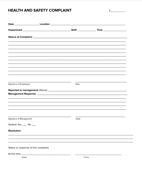 Sample Complaint Form | National Council for Occupational Safety and Health